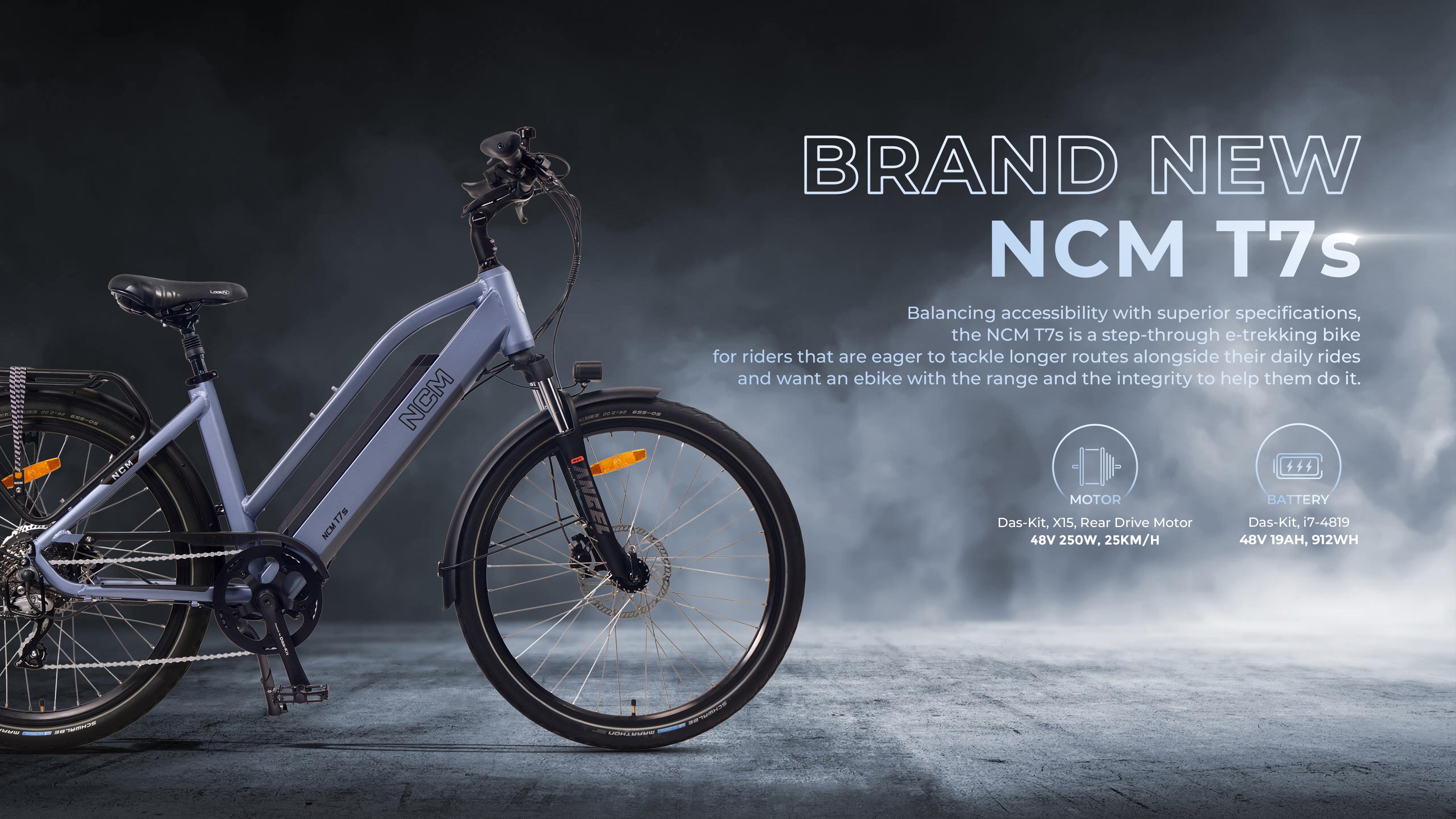 NCM T7s Step Thru Trekking E-Bikes | With GPS Tracking, Torque Sensor