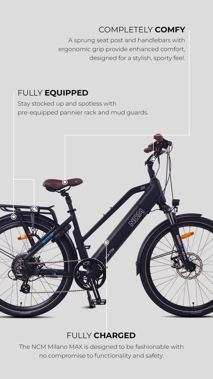NCM Milano T3s Step Thru Trekking E-Bike | Up to 110km Battery Range